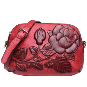 qzunique women's chinese style pu leather handbag graceful embossed floral shoulder bag zipper crossbody bag red