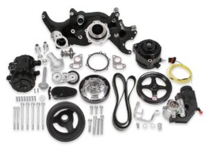 new holley black mid-mount complete accessory system with sd7 a/c compressor,alternator,power steering pump,tensioner,belt,crank damper & pulleys,compatible with gm ls engines