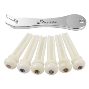 donner acoustic guitar bridge pins, 6pcs white bone bridge pins inlaid 3mm abalone dot with guitar pins puller and sandpaper