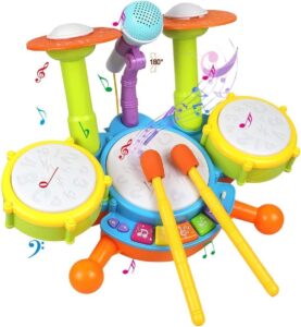 pokonboy kids drum set for toddler 1-3, musical instruments learning toys with 2 drum sticks adjustable microphone birthday for boys girls 6 12 18 month (yellow)