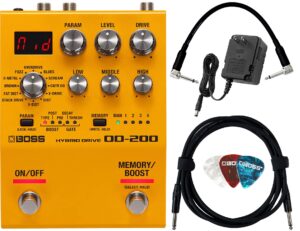 boss od-200 hybrid drive bundle with power supply, instrument cable, patch cable, and picks