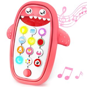 baby shark cell phone toy removable teether case, light, music & adjustable volume kids play & learn fake phone infant toddler, preschool holiday birthday presnet for girl boy 0-6, 6-18 months (red)