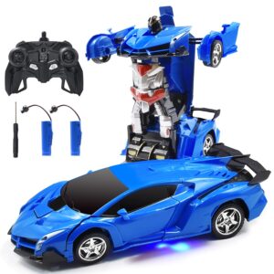 trimnpy rc cars for kids remote control transformrobot toys, one-button deformation 1:18 gift, 360°rotating drifting 2.4ghz rechargeable (blue)