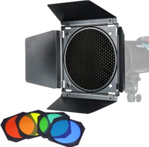 godox bd-04 barn door with honeycomb grid and 4 color gel filters(red yellow blue green) compatible for godox 7" standard reflectors for ad600b/ad600bm/ad600pro/sl60w/sl150w/sl200w/ms200/ms300