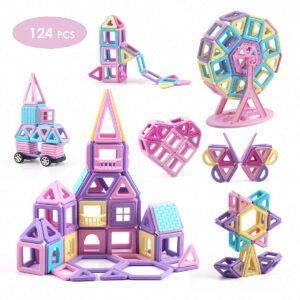 vixa magnetic blocks educational castle building toys creativity kids diy magnetic tiles with wheels storage box ideal for birthday halloween christmas party gift for girls & boys-124 pcs