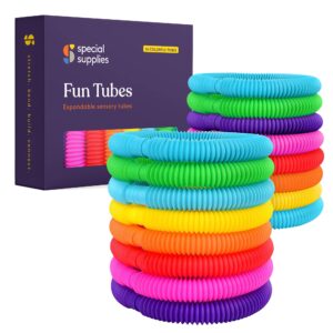 special supplies fun pull and stretch tubes for kids - pop, bend, build, and connect toy, provide tactile and auditory sensory play, colorful, heavy-duty plastic (16-pack primary colors)