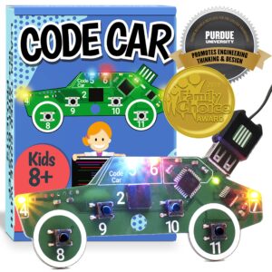 code car kids coding toy for kids 8-12. boys & girls learn block and typed c++ coding with hands-on electronics & 40+ projects including custom horn, brakelight beep, and siren sounds