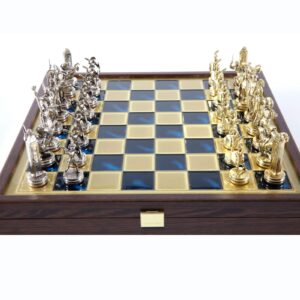 manopoulos greek mythology chess set - brass&nickel - wooden case blue board