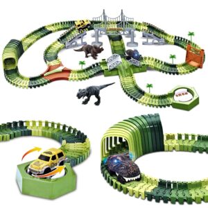 wesprex dinosaur race track toy set 288 pcs, flexible track playset w/ 240 tracks, 1 dinosaur car, 1 race car, 1 drawbridge, 1 tunnel, create a dino track, dinosaur toy gift for kids boys girls age 3+