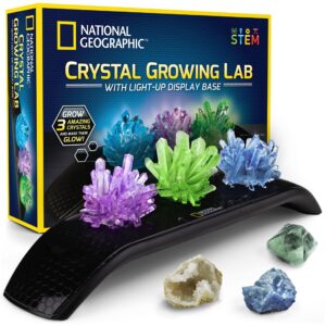 national geographic crystal growing kit - 3 vibrant colored crystals to grow with light-up display stand, science toy for girls and boys ages 8-12, includes 3 gems, cool stem gift (amazon exclusive)