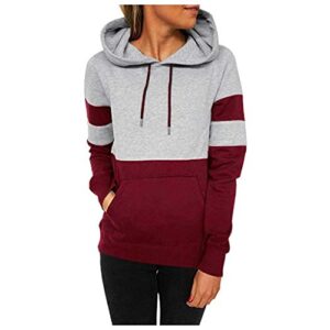 frafto womens hoodie top spell color stripes large size long sleeve sweatshirt drawstring pocket simple pullover wine