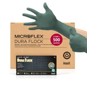 microflex dura flock dfk-608 thick 11mil nitrile gloves w/flock lining for automotive, aftermarket, machinery - x-large, green (case of 500)