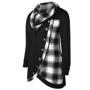 women's turtleneck long sleeve asymmetrical plaid sweatshirt pullover tops blouse cowl neck patchwork shirts black a