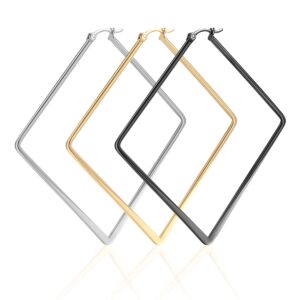 3 pairs big square hoop earrings for women, geometric symmetrical flat stainless steel plated in gold-silver-black, 70mm