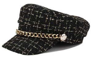 women plaid-tweed newsboy-baker-boy hat captain-sailor fisherman hat peaked-beret with chain black