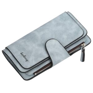 women's long leather wallet rfid blocking cash id credit card holder for women ladies soft clutch wallet with zipper coin pocket fashion purse (light blue)