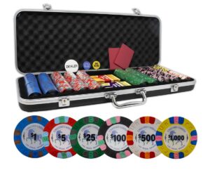 da vinci unicorn all clay poker chip set with 500 authentic casino weighted 9 gram chips, black abs case, 2 decks of plastic playing cards, dealer buttons and 2 cut cards