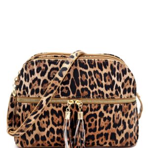 trendeology leopard print front pocket compartment vegan leather dome crossbody purse bag (leopard3 - tan) medium