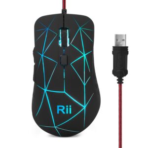 rii rgb wired gaming mouse, usb optical computer mice with 6 buttons,3200 dpi adjustable,7 color backlit for laptop pc gamer computer desktop