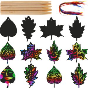 50 pieces scratch fall leaves colorful scratch leaves scratch rainbow art paper with ribbons and wooden stylus for thanksgiving harvest party (black)