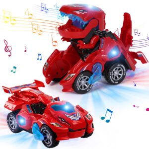 refasy toys for 4 year old boys,2 in 1 transforming dinosaur led car with music kids toys dinosaur toys birthday gifts for boys girls(red)