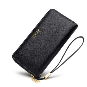 foxer leather zip around wallets for women, genuine leather rfid blocking gift box packing 17 card slots ladies long purses with zipper coin pocket women's clutch wallets with wristband (black)