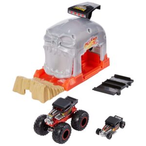 hot wheels monster truck pit & launch play sets with a monster truck and a 1:64 car, team bone shaker, multicolor