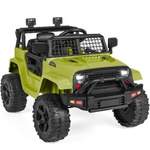 best choice products 12v kids ride on truck car w/parent remote control, spring suspension, led lights, aux port - green