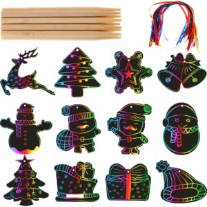 72 pieces christmas scratch ornaments scratch art ornaments scratch paper craft hanging craft art kits with wooden stick and rope for kids christmas party decorations