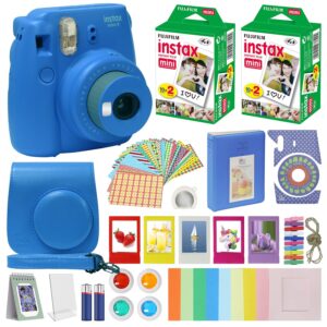 fujifilm instax mini 9 instant camera smokey white with carrying case + fuji instax film value pack (40 sheets) accessories bundle, color filters, photo album, assorted frames, selfie lens + more