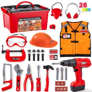 joyin 26pcs kid tool set, pretend play toddler tool toy with construction worker costume & electronic toy drill in storage box for boy girl halloween present birthday dress up party