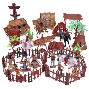 fun little toys 61 pcs wild west cowboys and indians plastic figures toys, toy soldiers for kids, wild west figure playset with horse, tent, army men boy's war game, educational toys, birthday gift