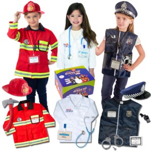 born toys premium 16pcs costume dress up set for kids ages 3-7 fireman,police costume, and doctor all sets are washable and have accessories