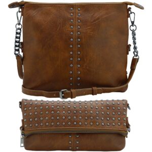 k&bo stevie women’s studded chain crossbody handbag purse brown, rocker chic boho medium, converts to clutch bag, lightweight