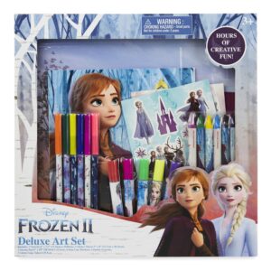 frozen 2 deluxe diy art supplies set with stencils, sticker sheets, coloring pad, markers, jumbo crayons, and glitter glue