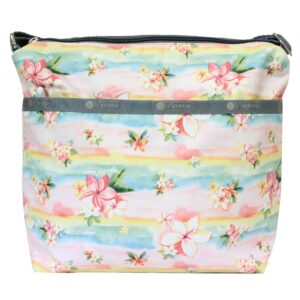 lesportsac plumeria rainbow hawaii exclusive small cleo crossbody handbag, style 7562/color k879, tropical hawaiian plumeria flowers, pastel watercolors, ‘hawaii’ on pattern