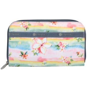 lesportsac plumeria rainbow hawaii exclusive lily wallet, style 6506/color k879, tropical hawaiian plumeria flowers, pastel watercolors, ‘hawaii’ on pattern