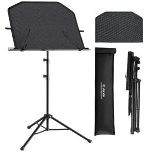 vekkia metal folding sheet music stand - portable lightweight music stand for sheet music with carrying bag&deluxe fabric tray sleeve,adjustable music holder,black