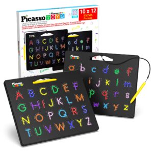 picassotiles 2-in-1 magnetic drawing board toy 12x10 inch large magnet bead tablet pad with 2 facings alphabets stem educational erasable & reusable learning writing playboard in black ptb03