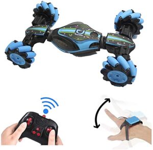 goolrc rc stunt car, 4wd 2.4ghz remote control car, deformable all-terrain off road car, 360 degree flips double sided rotating race car with gesture sensor watch lights music for kids (blue)