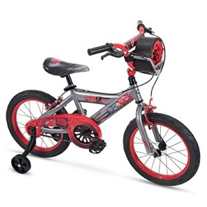 huffy disney cars 16” kid’s bike, quick connect assembly, tire case storage & training wheels, gray