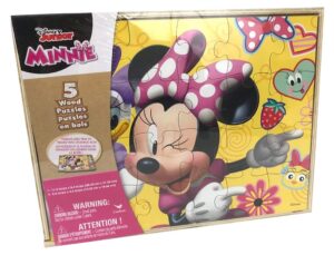 disney minnie mouse 5 wood jigsaw puzzles in wood storage box