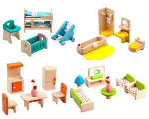 giraffe 4 set colorful wooden doll house furniture, wood miniature bathroom/living room/bedroom/kitchen house furniture dollhouse doll decoration accessories pretend play kids toy