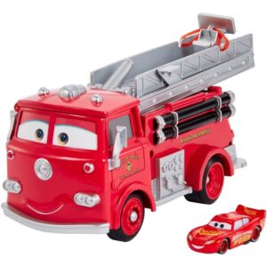 mattel disney and pixar cars stunt & splash red fire truck with color-change lightning mcqueen toy car, working hose, dunk tank & more