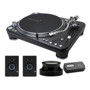 audio-technica atlp1240usbxp professional dj turntable bundle with presonus eris 3.5 3.5-inch low-frequency driver media reference monitors, knox stabilizer and stylus scale (4 items)