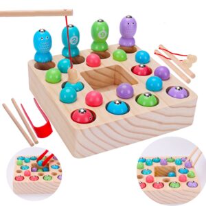 montessori toys for toddlers wooden fishing game fine motor skill autism toys occupational therapy learning magnet fishing pole clamp chopsticks preschool math game for kids age 3 4 5 6 year old