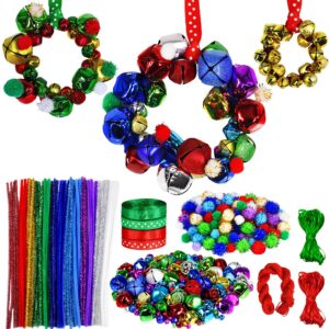 winlyn 475 set christmas jingle bell wreath christmas tree ornaments craft kit jingle bell metallic chenille stems glitter pom-poms ribbon assortment for kids holiday xmas bracelets necklaces artwork