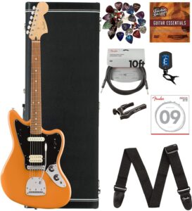 fender player jaguar - capri orange bundle with hard case, cable, tuner, strap, strings, picks, capo, fender play online lessons, and austin bazaar instructional dvd