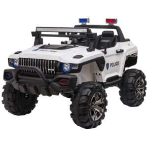 aosom 53" l 2-seater 12v police car ride on truck with remote control, battery operated electric car for kids with suspension, mp3 player, lights, music, horn, white