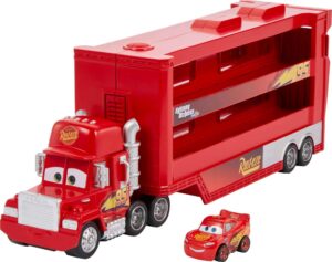 mattel disney and pixar cars mini mack racers hauler & 1 toy car, transporter truck holds 18 minis, collectible set